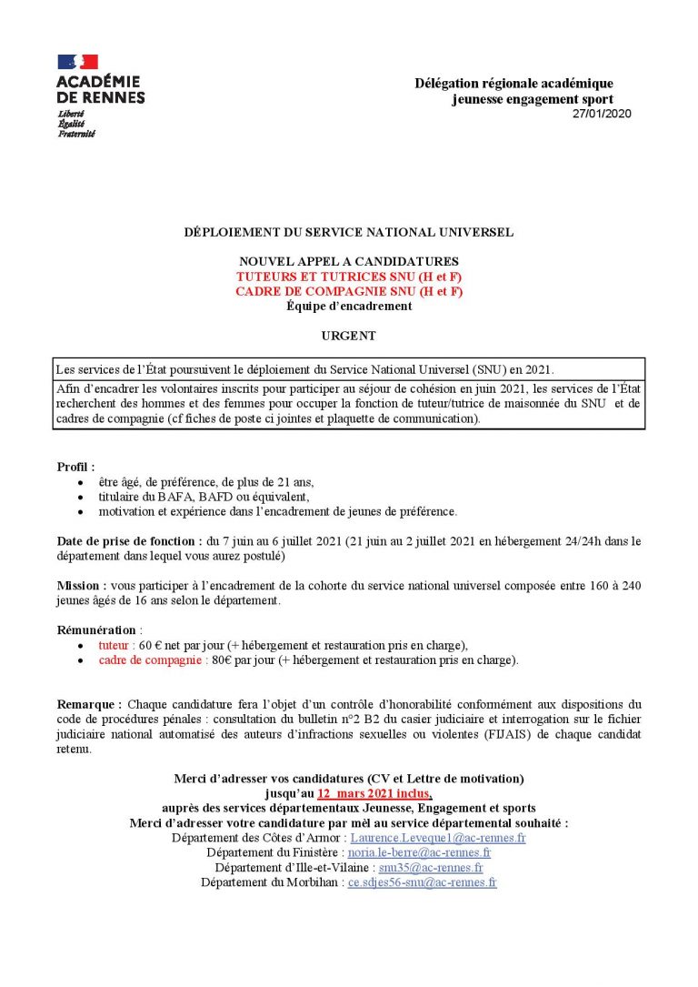 Séjour de cohésion SNU : appel à candidatures – Laurenan